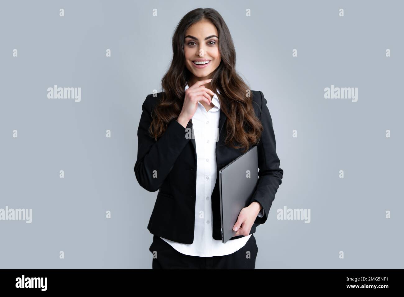 Portrait of positive cheerful ceo expert business woman work at laptop ...