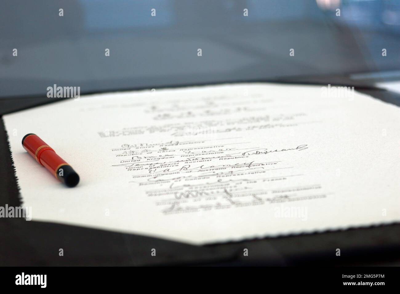 In this Aug. 15, 2020, photo, signed surrender documents from World War ...