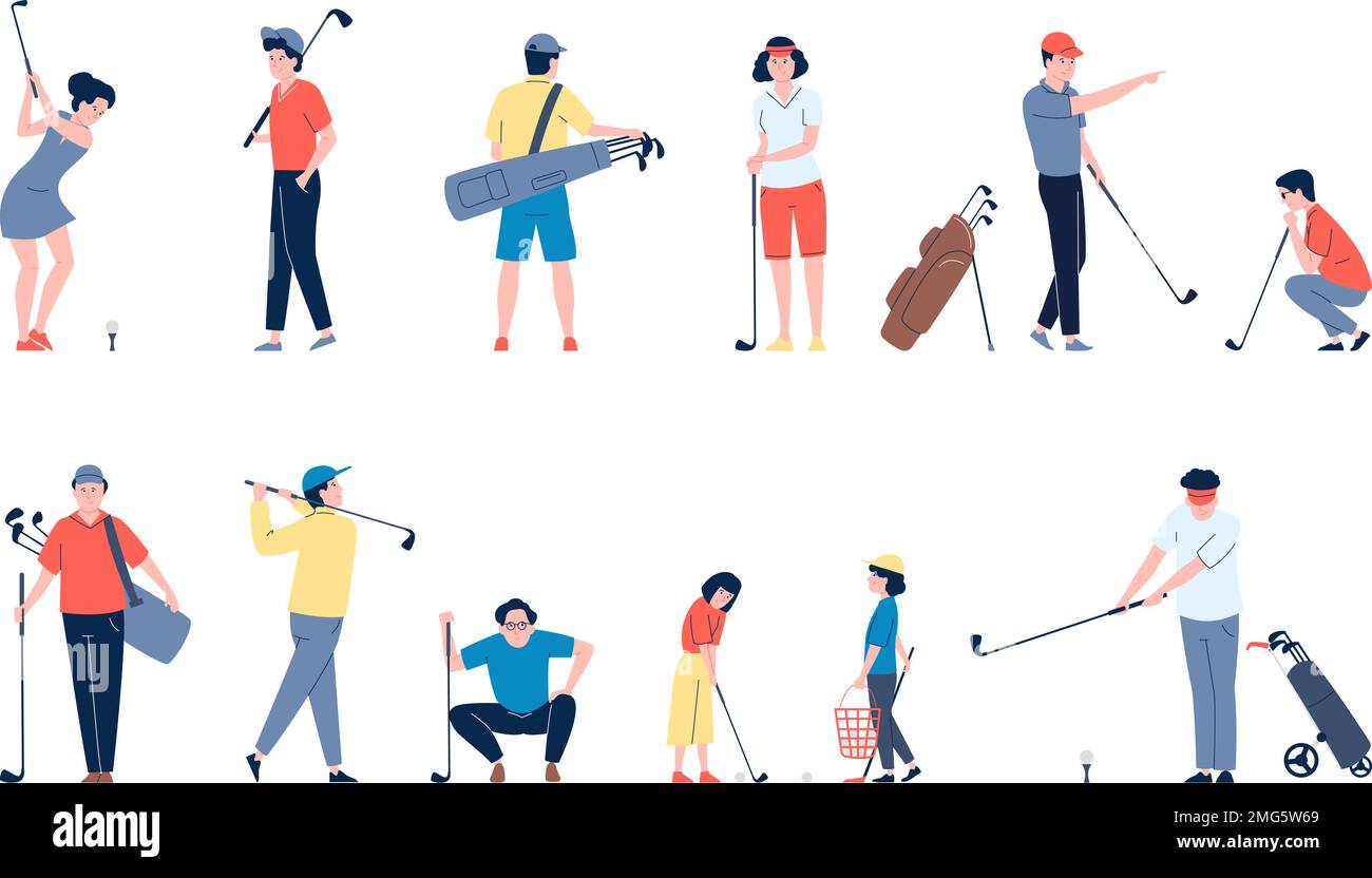 Flat golf players characters with bags. Golf club champion person ...