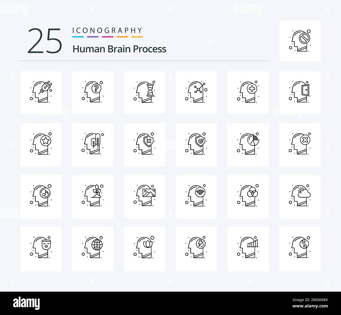 Human Brain Process 25 Line icon pack including human mind. positive ...