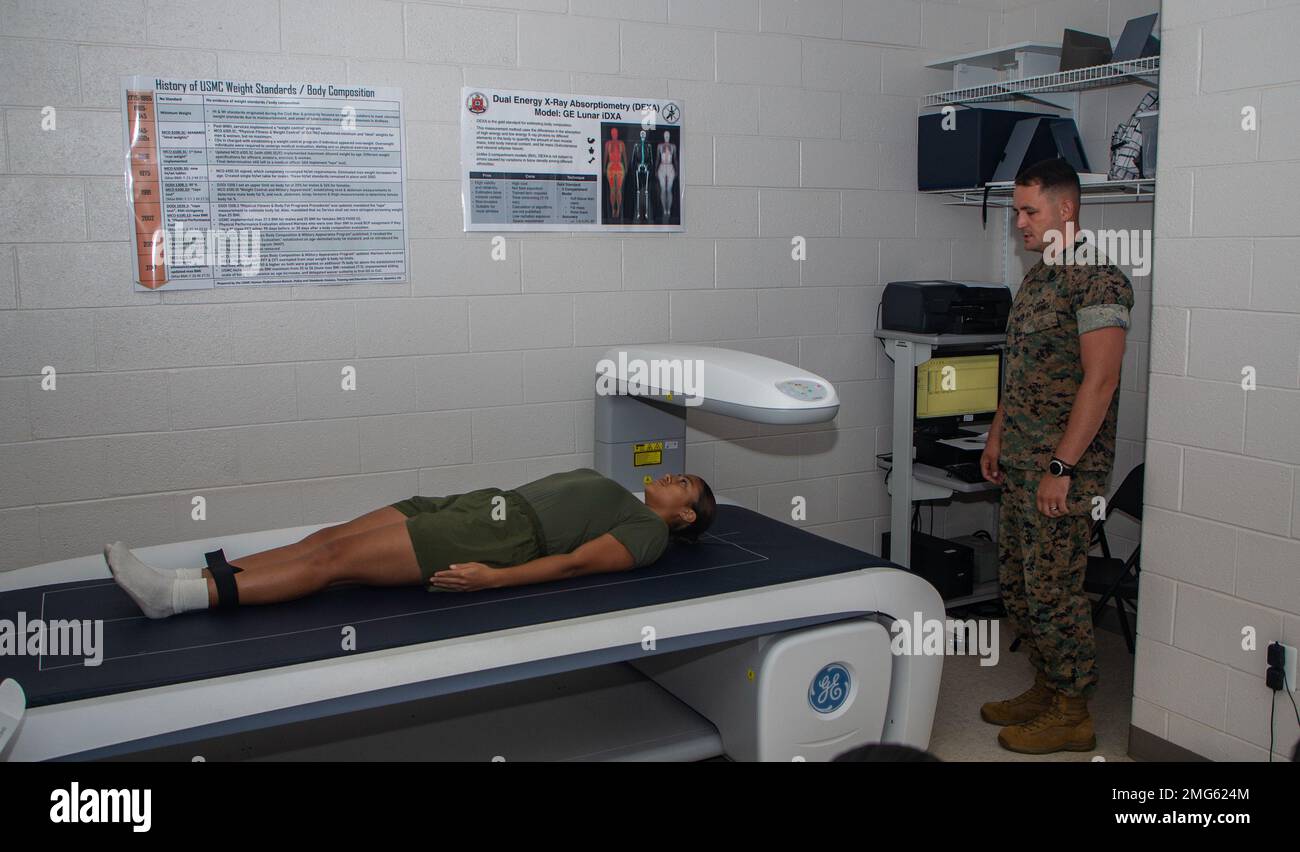 A U.S. Marine participates in a body composition assessment on Aug. 22 ...
