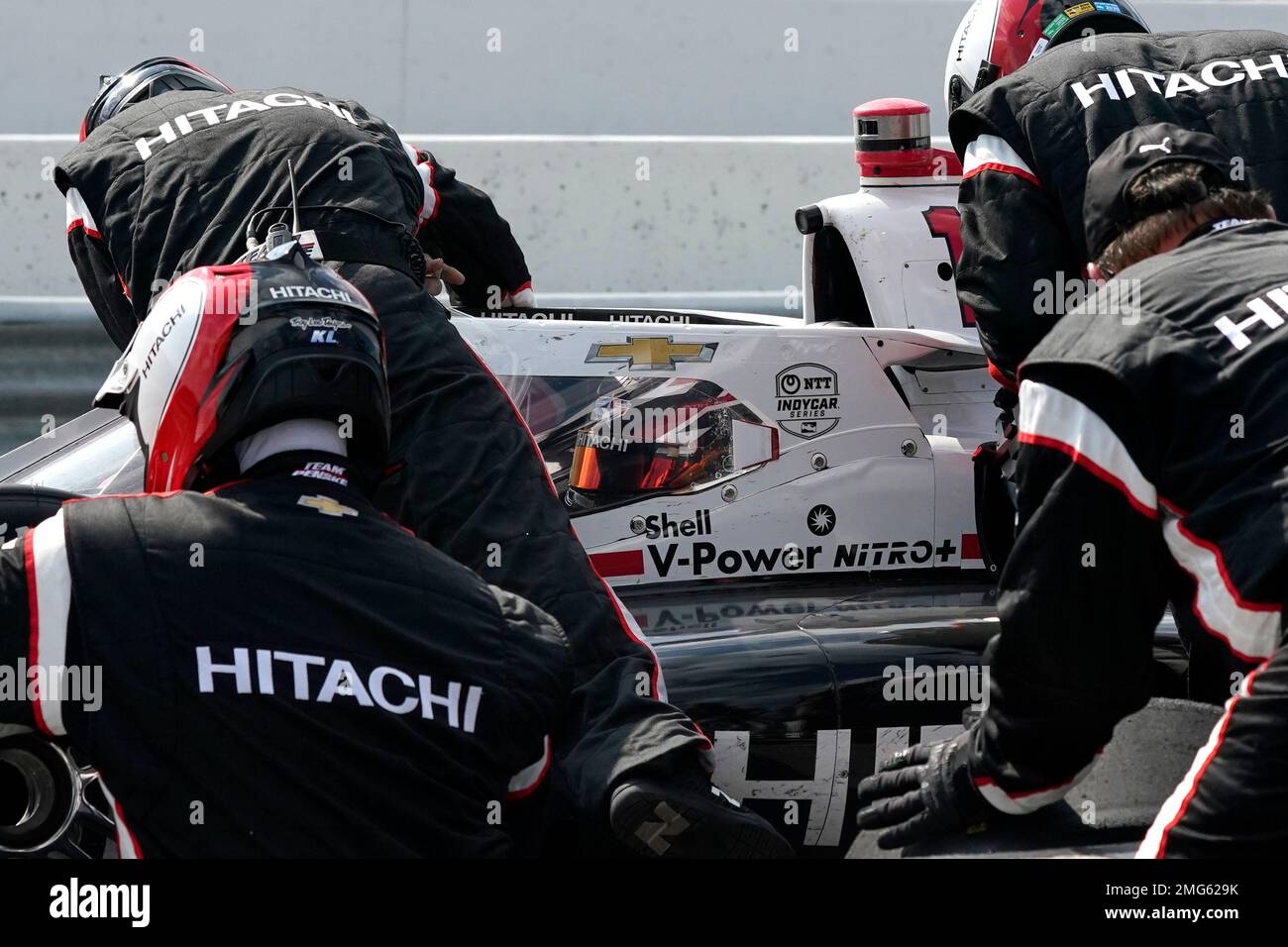 Josef Newgarden pits during the IndyCar auto race at World Wide ...