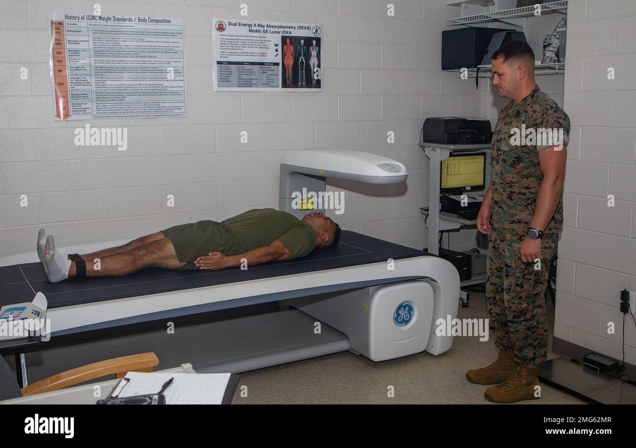 A U.S. Marine participates in a body composition assessment on Aug. 22 ...