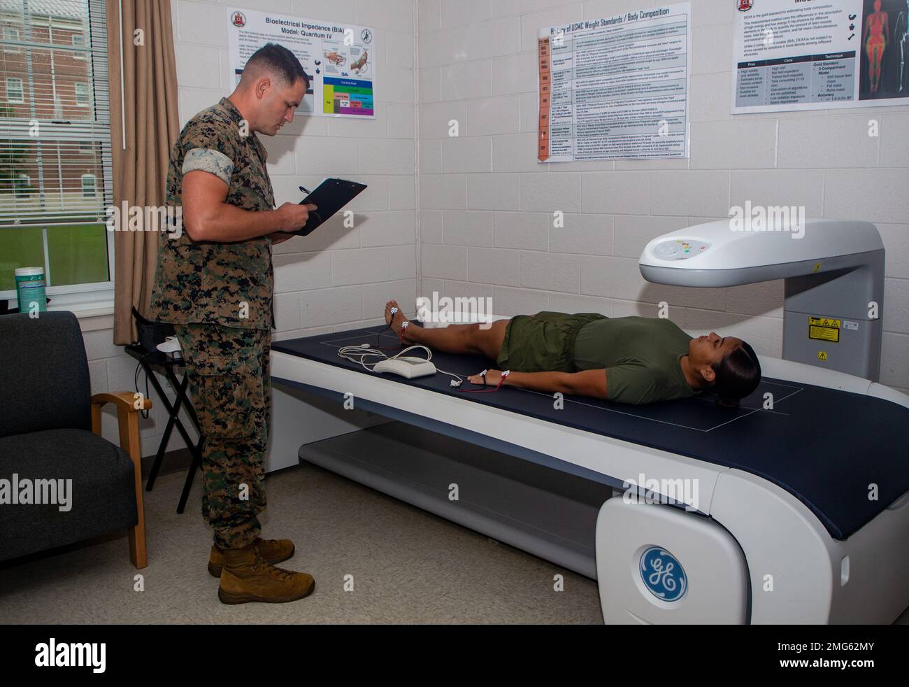 A U.S. Marine participates in a body composition assessment on Aug. 22 ...