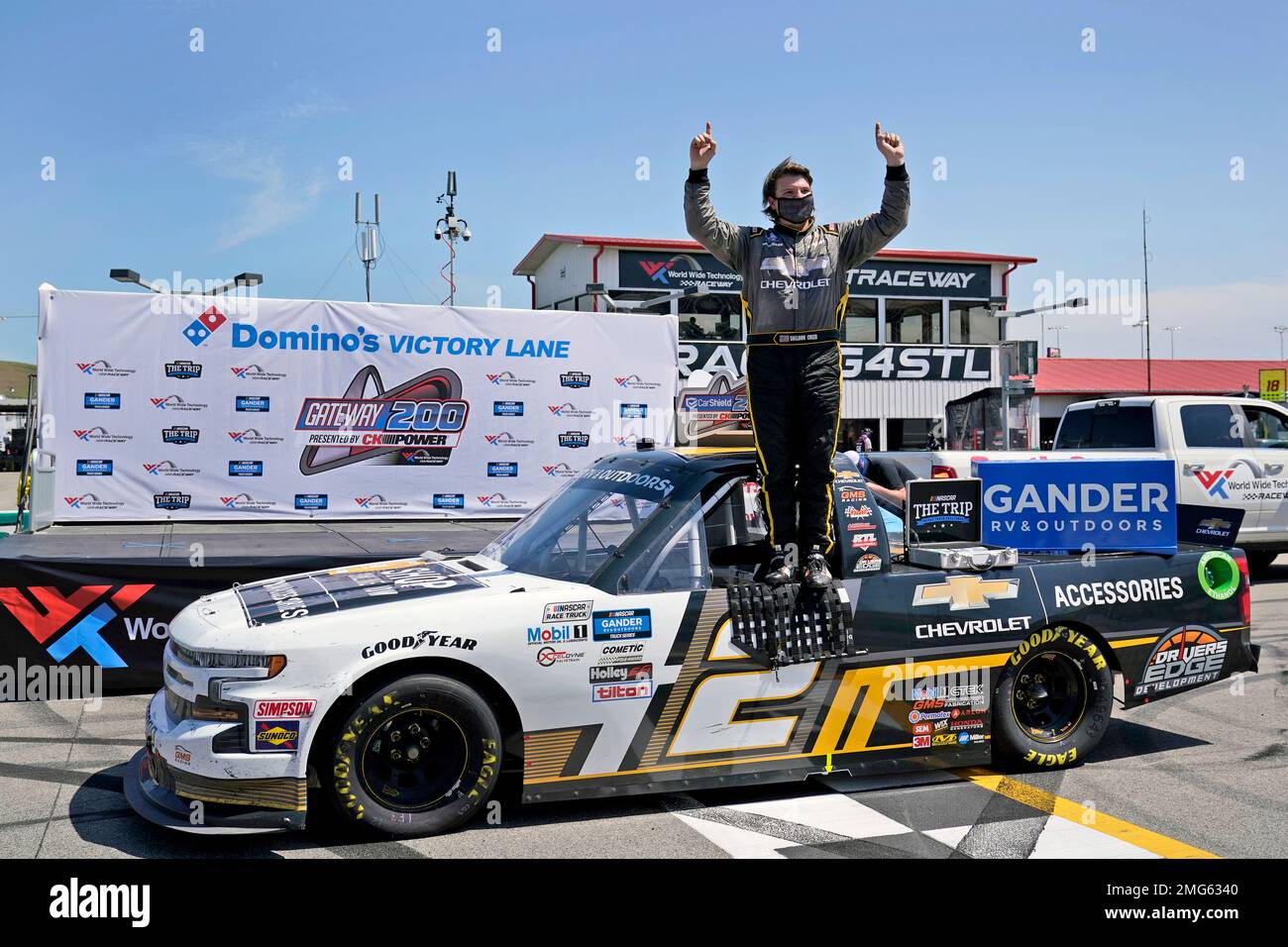 Sheldon Creed celebrates after winning a NASCAR Truck Series race at ...
