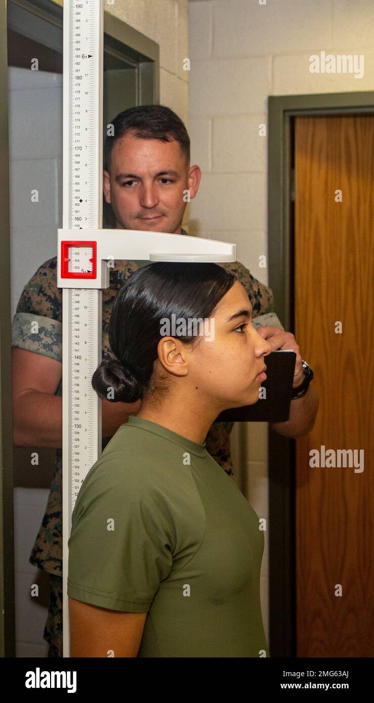 A U.S. Marine participates in a body composition assessment on Aug. 22 ...