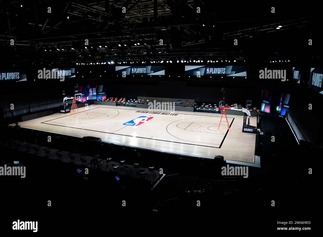 NBA basketball arenas are empty Friday, Aug. 28, 2020, at Walt Disney ...