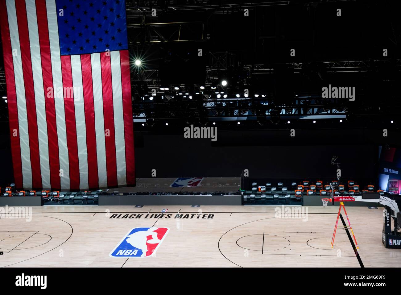 NBA basketball arenas are empty Friday, Aug. 28, 2020, at Walt Disney ...