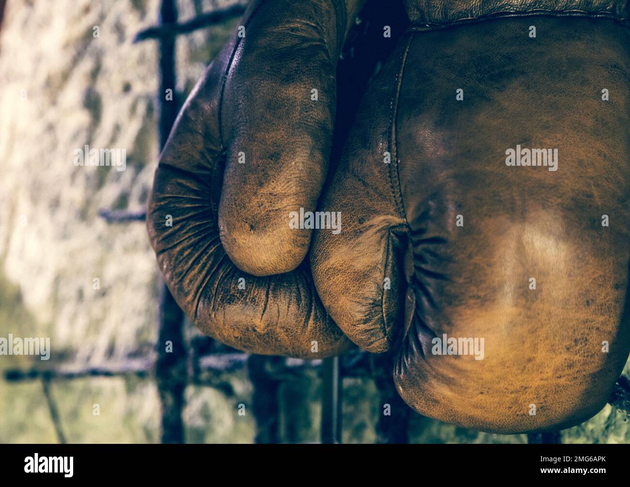 Vintage Boxing Gloves hang next to a stone wall Stock Photo - Alamy