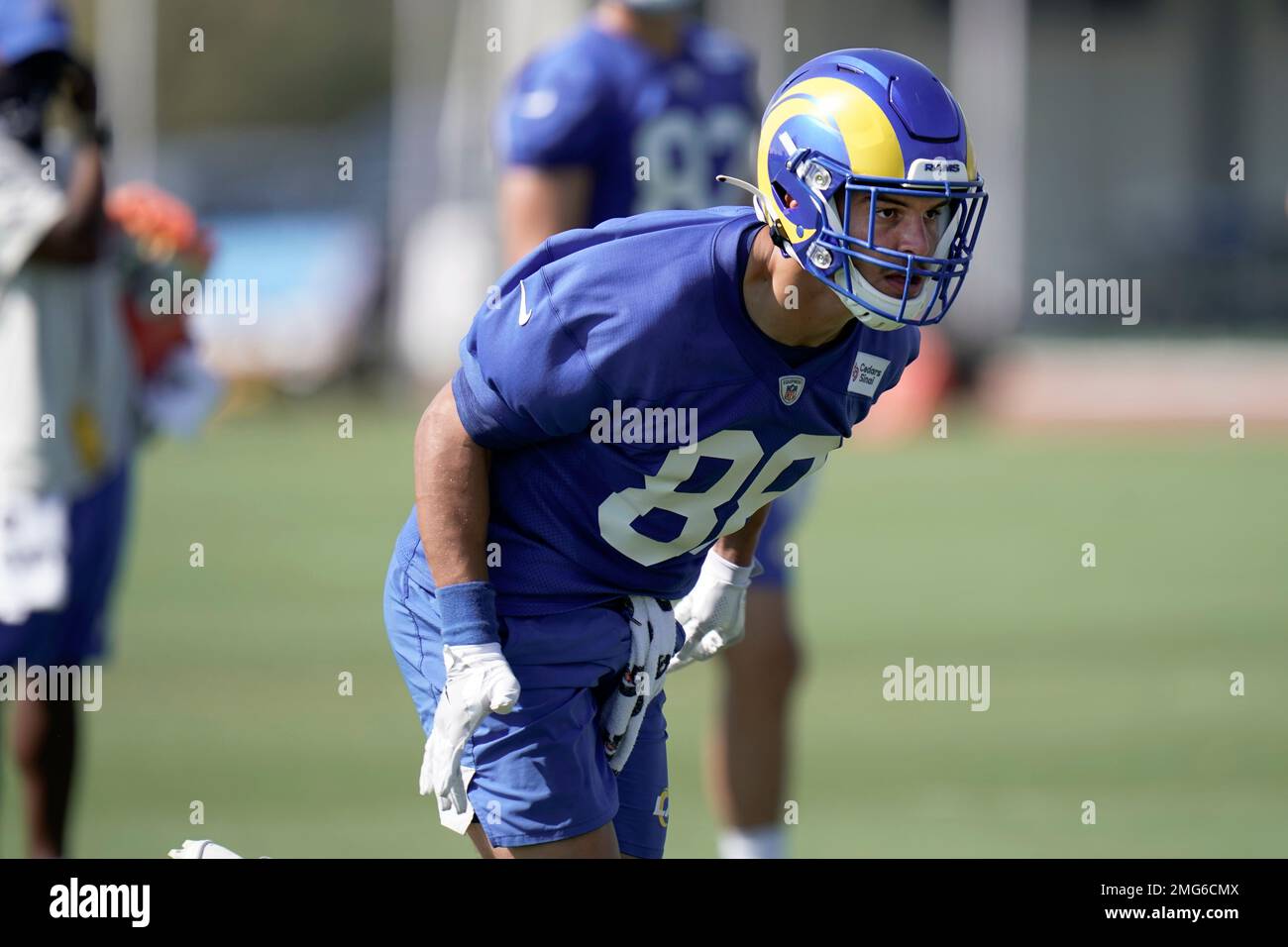 Los Angeles Rams tight end Brycen Hopkins runs a drill during an NFL ...