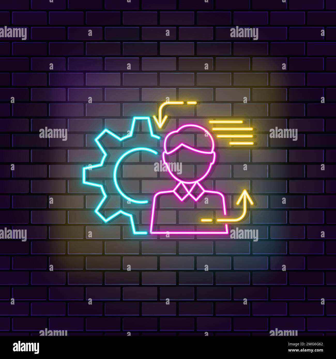 Doing, gear, human neon vector icon on dark wall background. Neon Doing ...