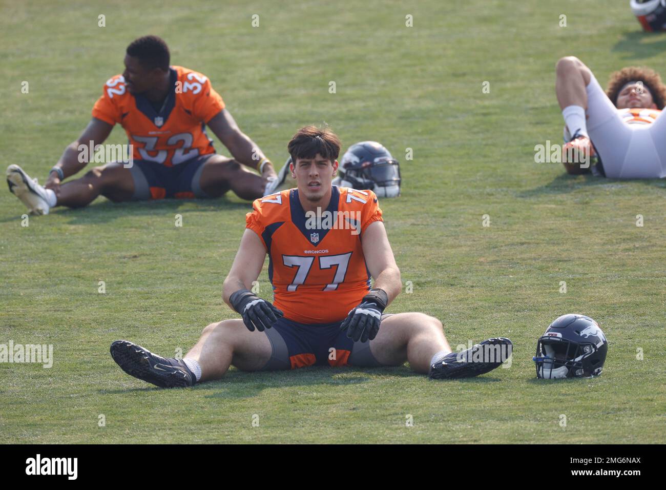 Denver Broncos offensive tackle Hunter Watts (77) takes part in drills ...