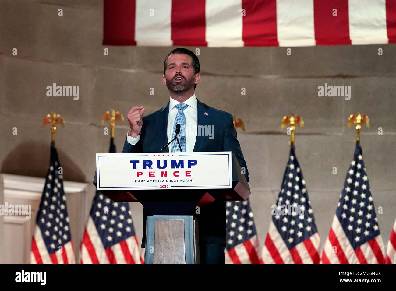 Donald Trump Jr., speaks as he tapes his speech for the first day of ...