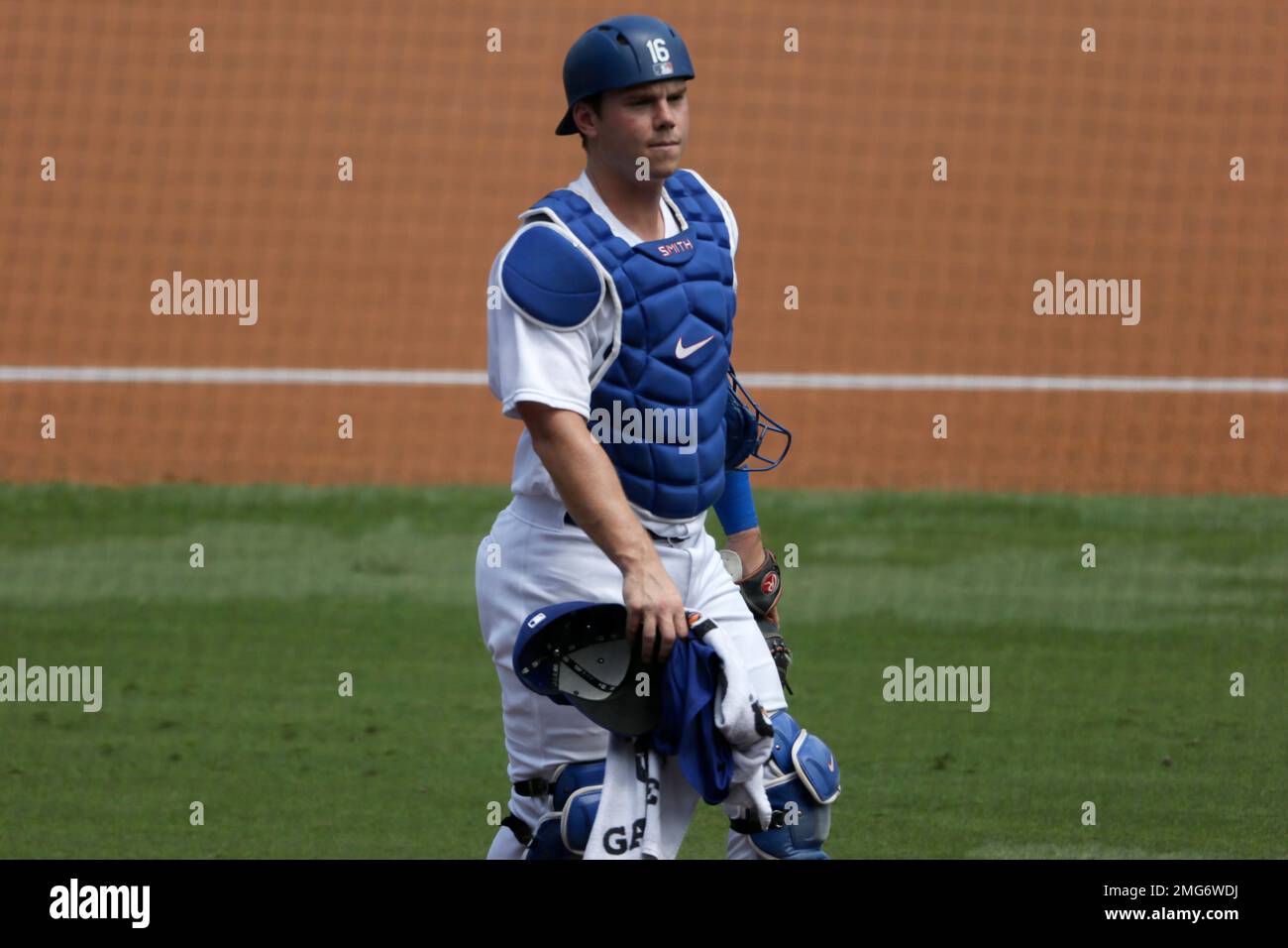 Los Angeles Dodgers catcher Will Smith walks to the dugout before a ...