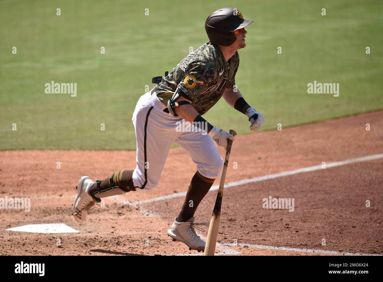 San Diego Padres' Jake Cronenworth looks up after hitting an RBI single ...