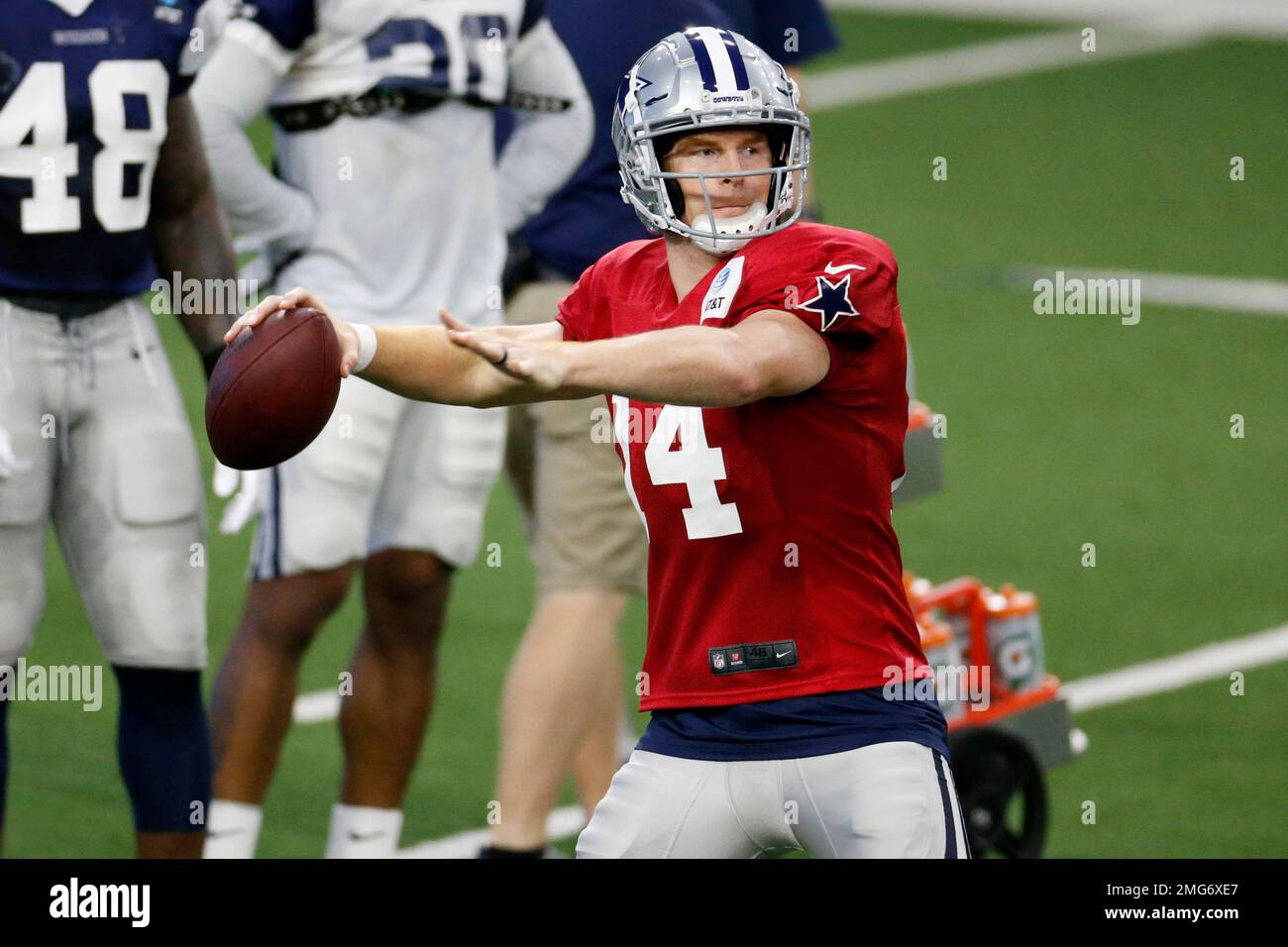 Dallas Cowboys quarterback Andy Dalton (14) goes through drills during ...