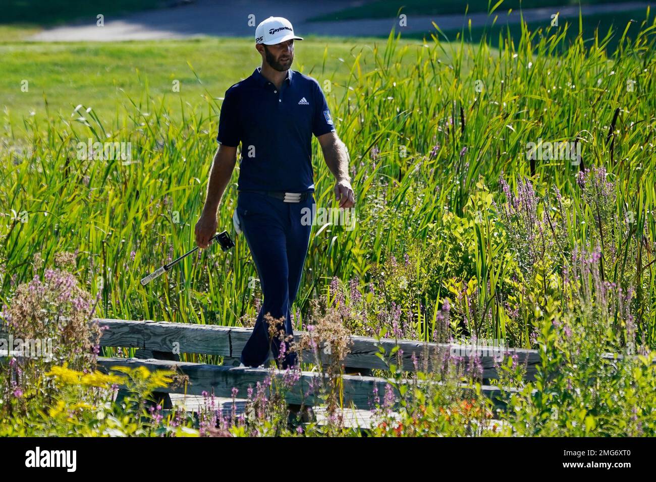 Dustin Johnson walks to the eighth green during the final round of the ...