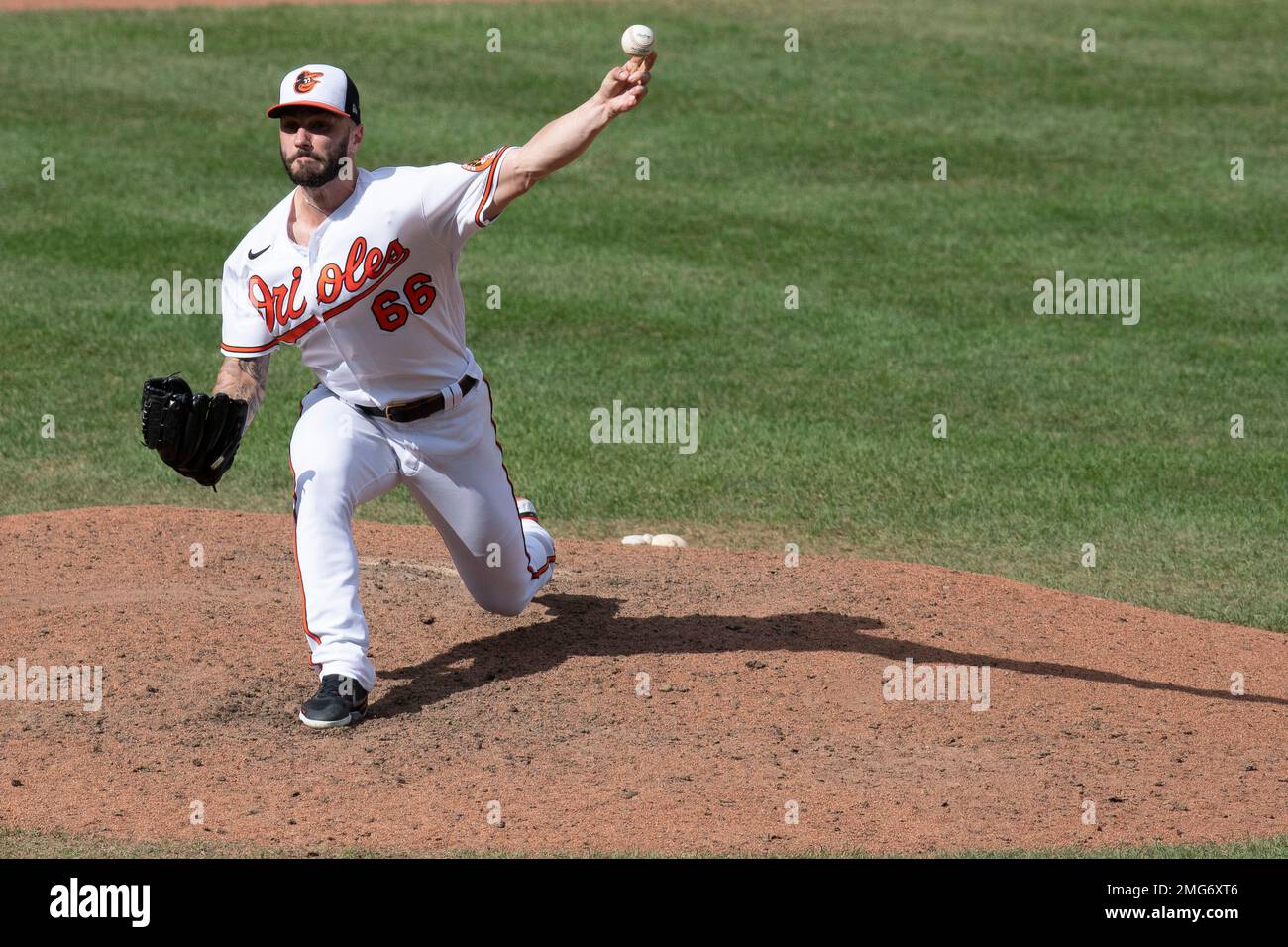 Baltimore Orioles relief pitcher Tanner Scott (66) delivers a pitch ...