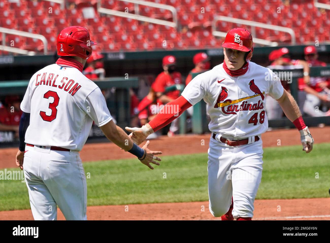 St. Louis Cardinals' Harrison Bader (48) is congratulated by teammate ...