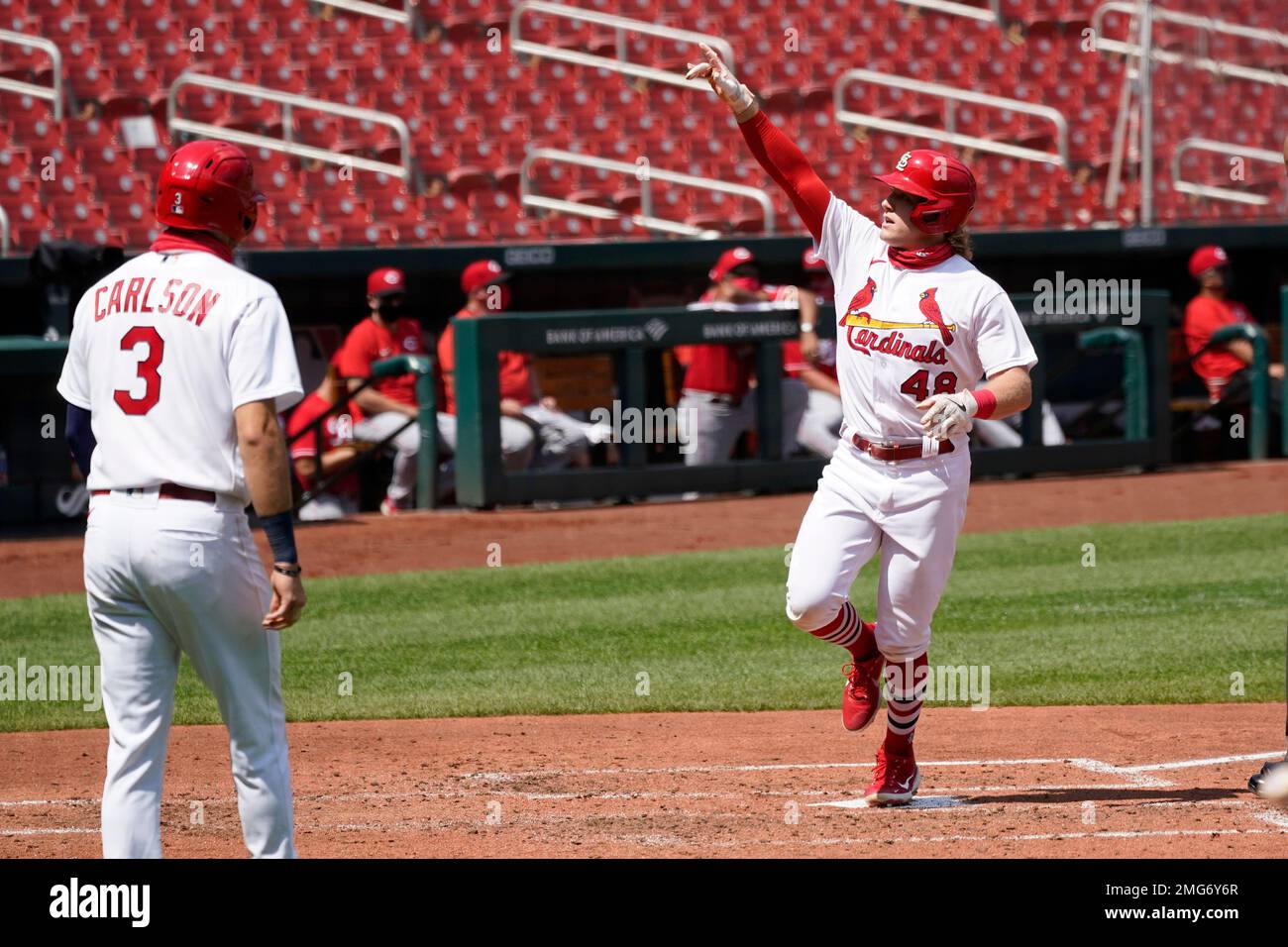 St. Louis Cardinals' Harrison Bader (48) celebrates after hitting a two ...