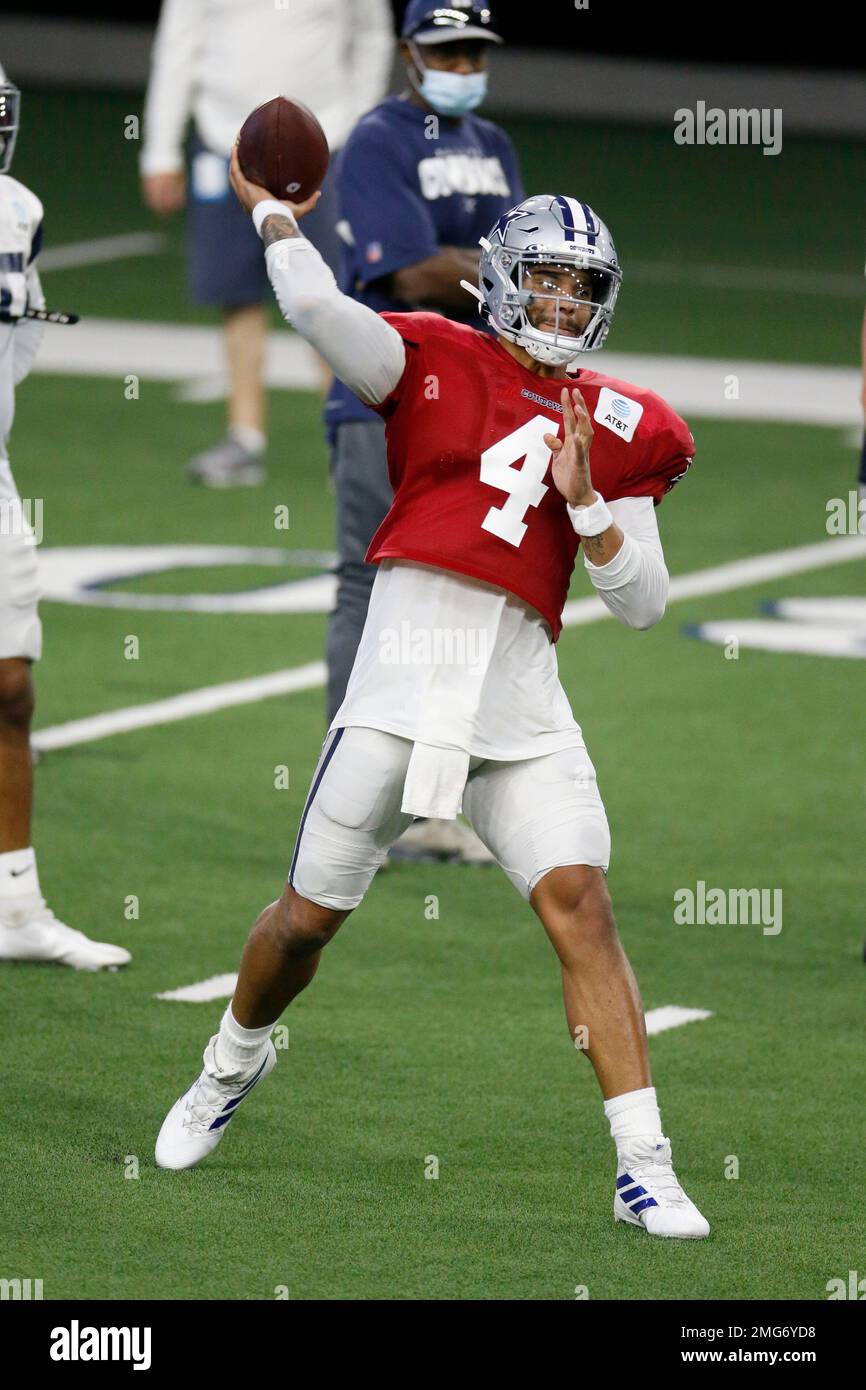 Dallas Cowboys quarterback Dak Prescott (4) throws a pass during an NFL football training camp ...