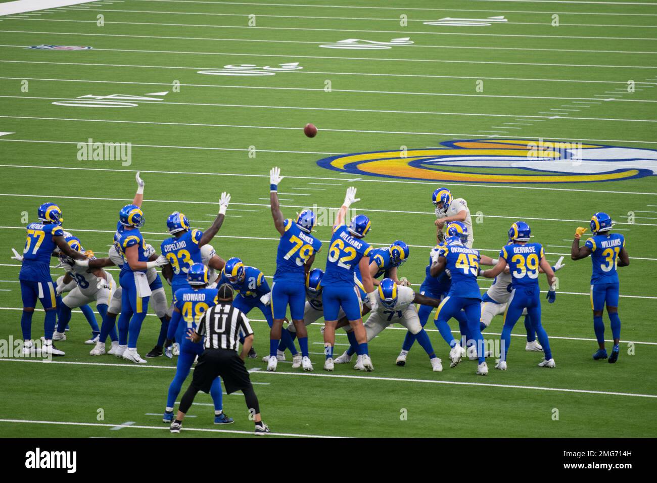 Los Angeles Rams place kicker Lirim Hajrullahu kicks the ball during an ...