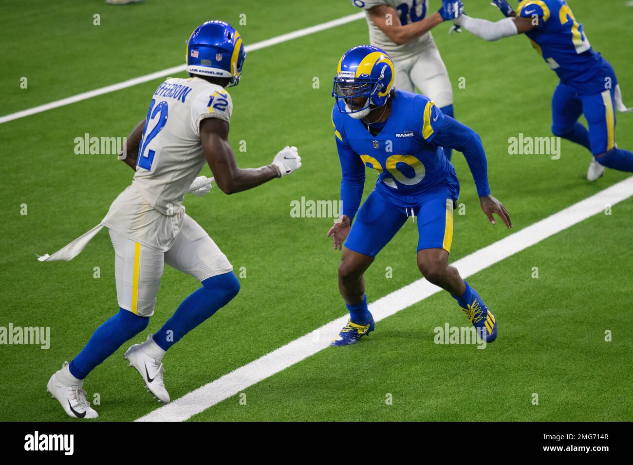 Los Angeles Rams cornerback Jalen Ramsey, right, defends wide receiver ...