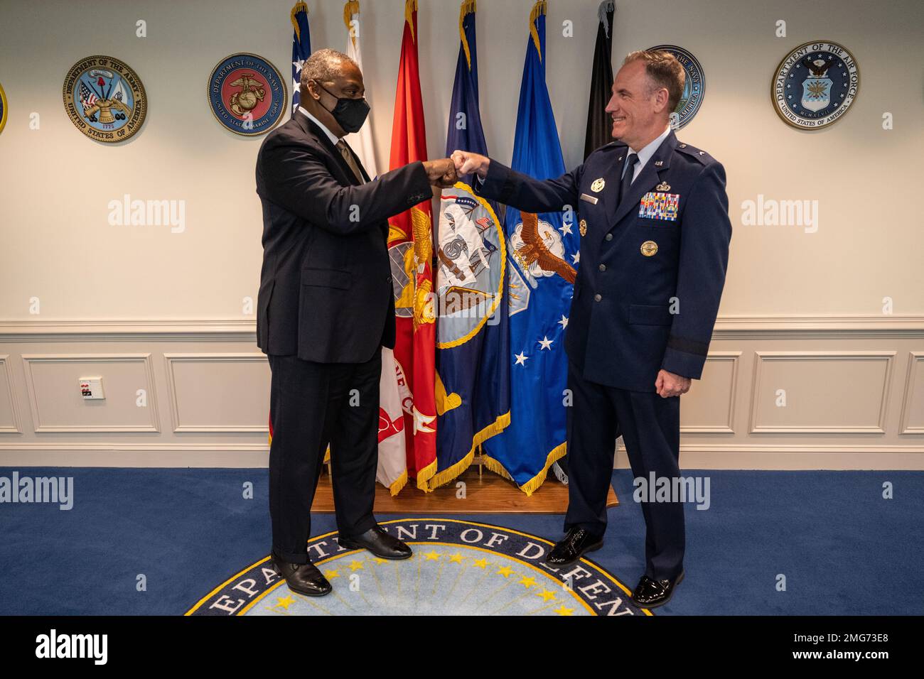 Secretary of Defense Lloyd J. Austin III stands with Pentagon Press ...