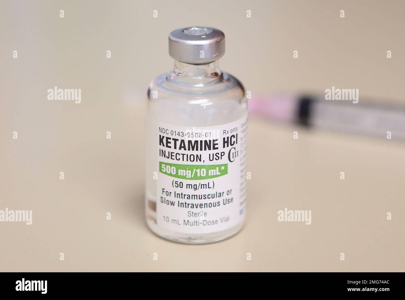 FILE - In this July 25, 2018, file photo, is a vial of ketamine, which ...