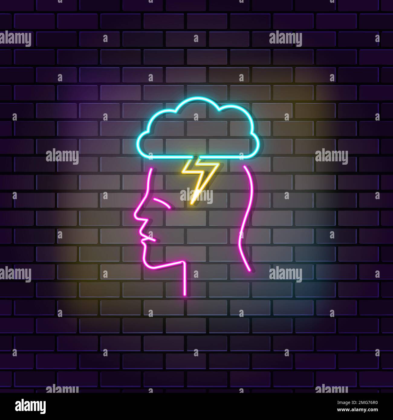 Angry, depress, depression neon vector icon on dark wall background ...