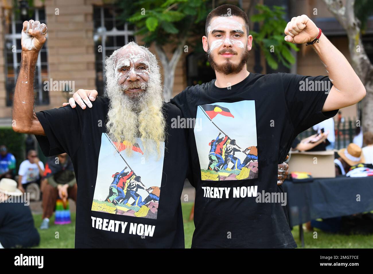 Yodo Miles and Kai Turner pose for a photo during an Invasion Day rally ...