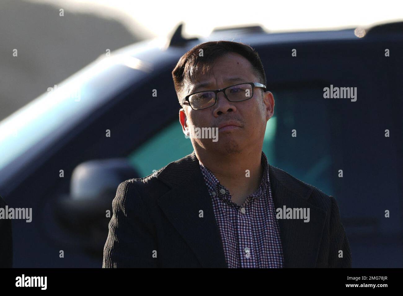 Monterey Park Mayor Henry Lo waits for US Vice President Kamala Harris ...