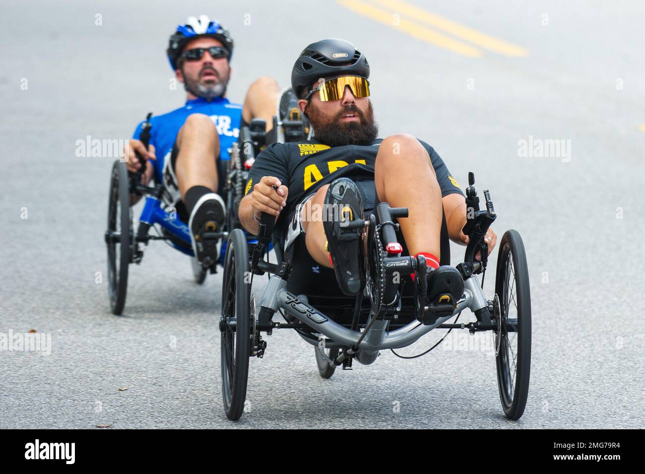 Retired U.S. Army Sgt. Justin Mathers competes in a recumbent cycle ...