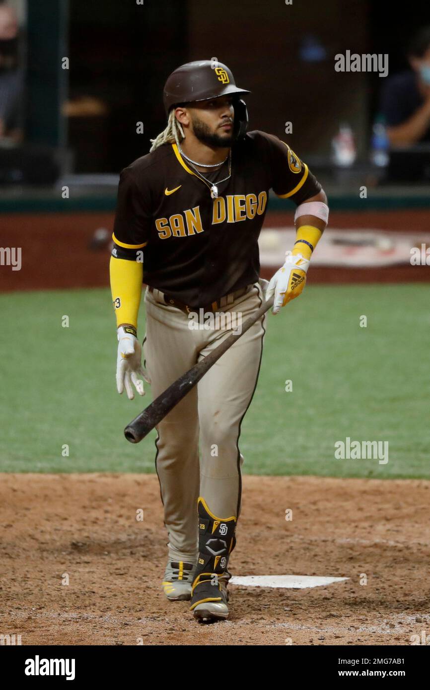 San Diego Padres' Fernando Tatis Jr. watches the flight of his grand slam ball that came off a ...