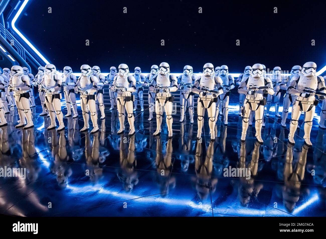 Stormtroopers stand guard in a star destroyer hangar bay in the Star ...