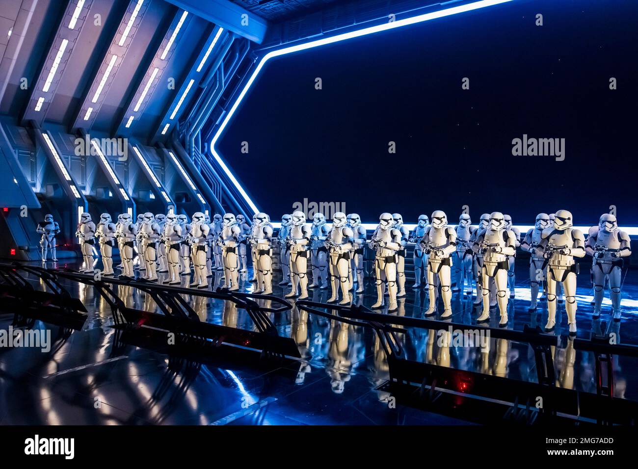 Stormtroopers stand guard in a star destroyer hangar bay in the Star ...