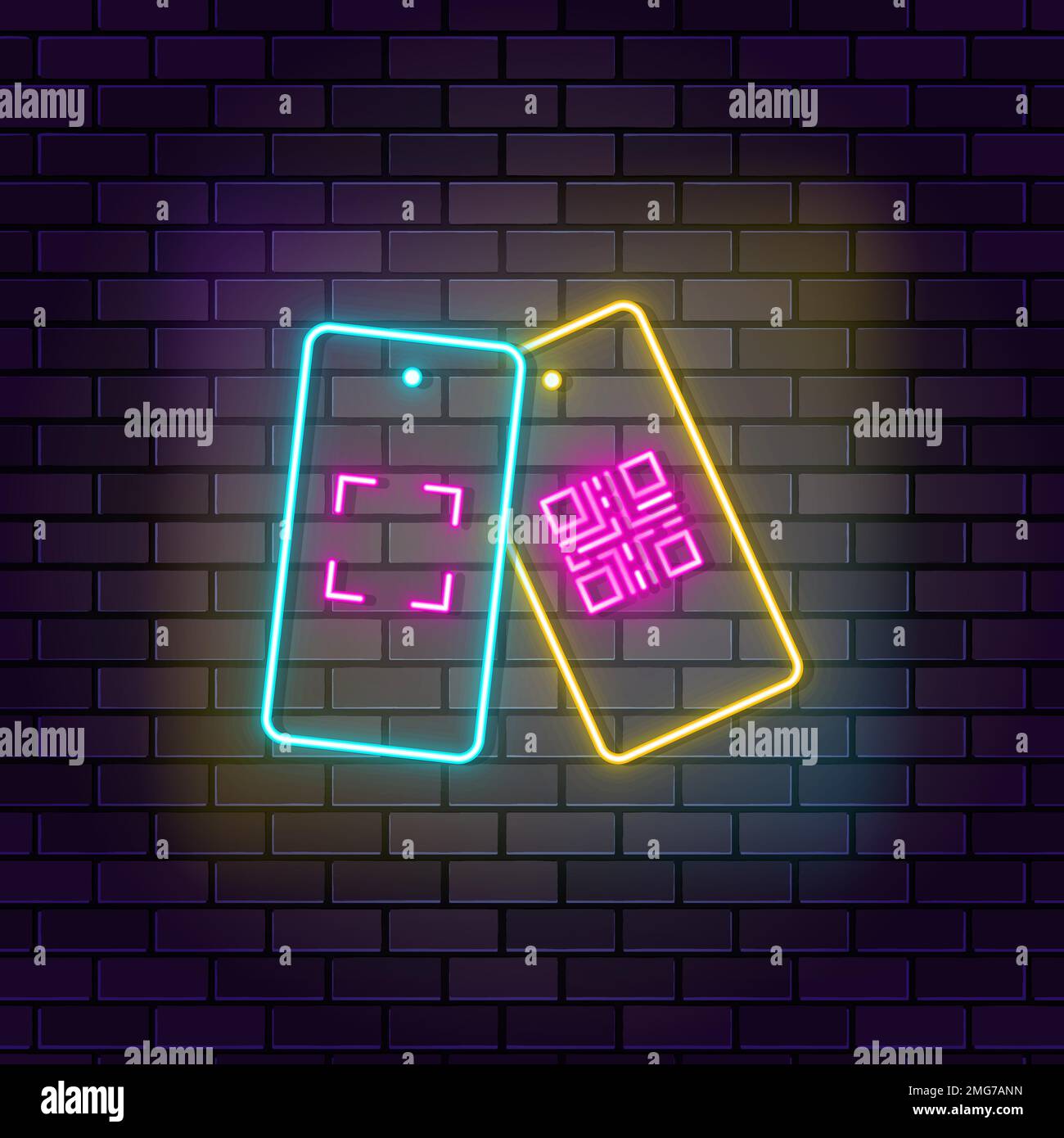 Code, mobile, qr neon vector icon on dark wall background. Neon Code ...