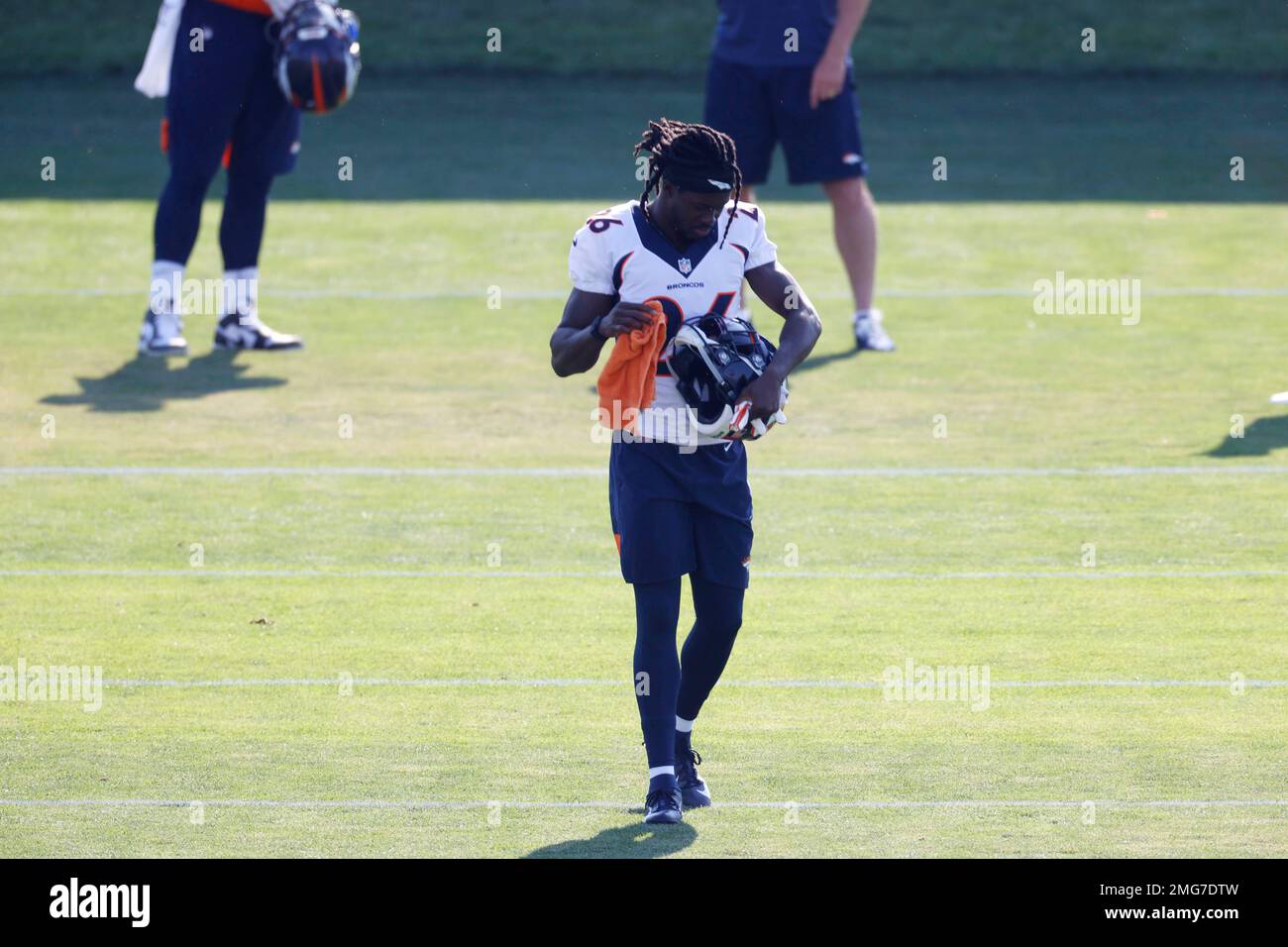 Denver Broncos cornerback Isaac Yiadom (26) takes part in drills during ...