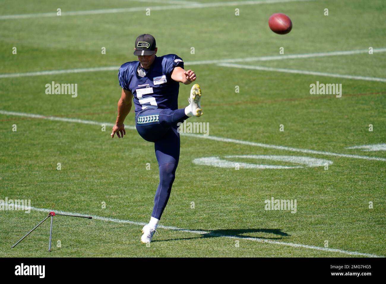 Seattle Seahawks place kicker Jason Myers kicks a ball Tuesday, Aug. 18 ...