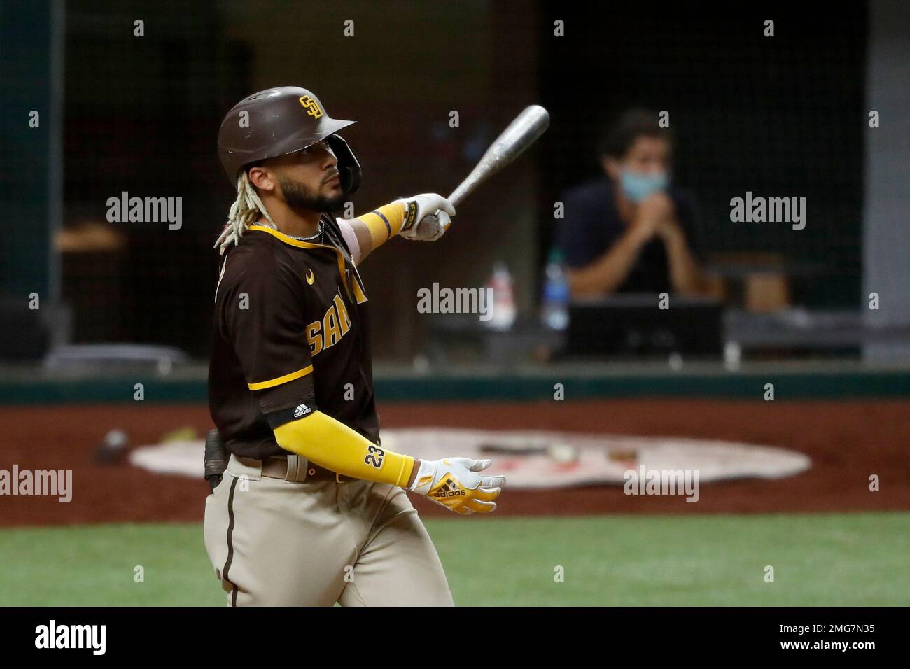 San Diego Padres' Fernando Tatis Jr. watches the flight of his grand slam ball that came off a ...