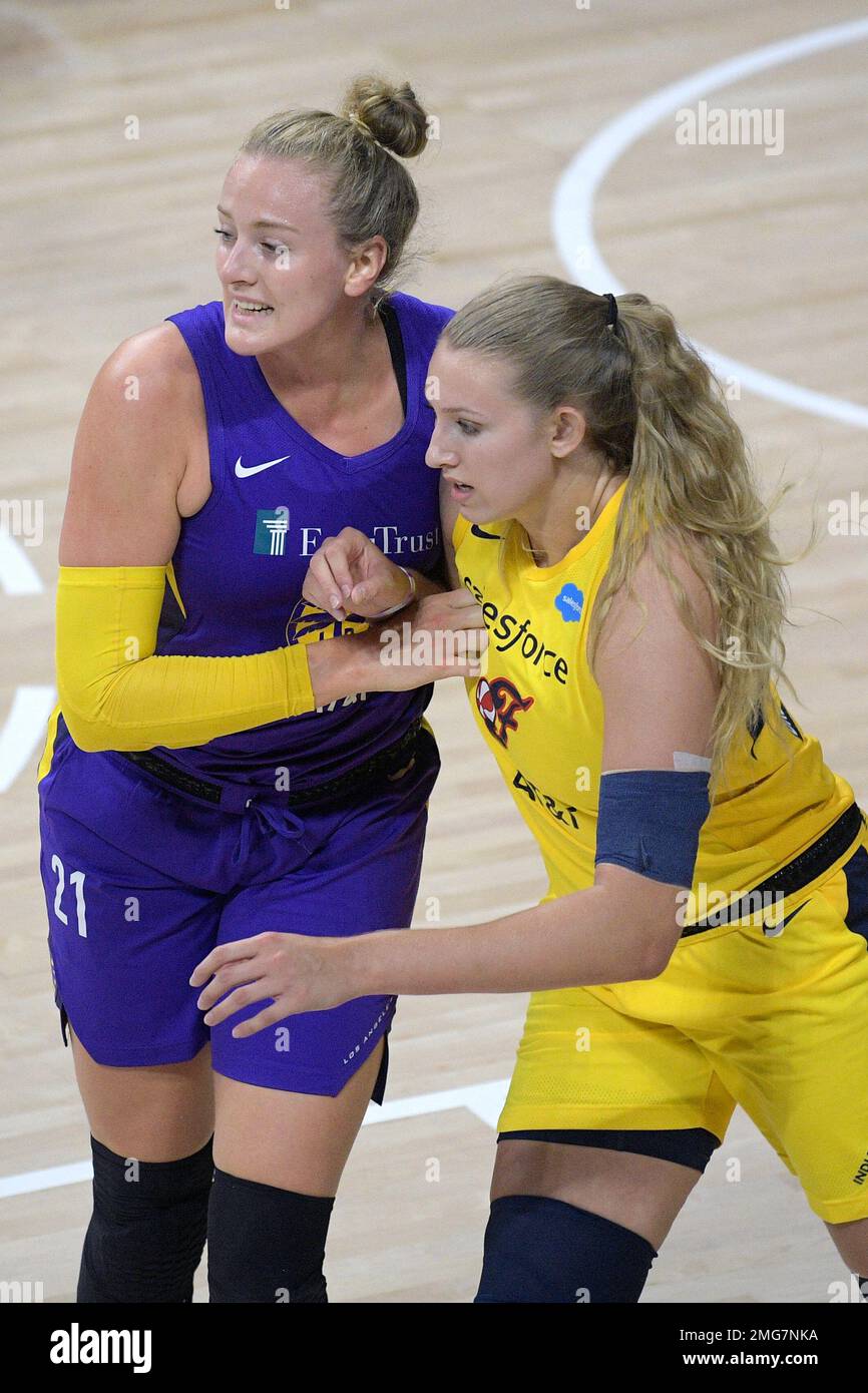 Los Angeles Sparks center Marie Gulich (21) defends against Indiana ...