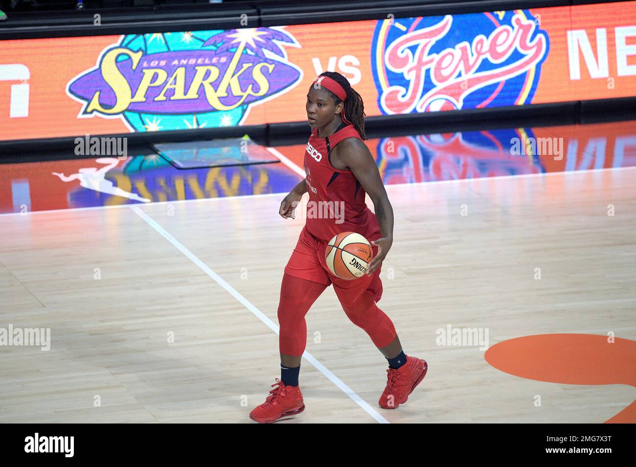 Washington Mystics forward Myisha Hines-Allen sets up a play during the ...