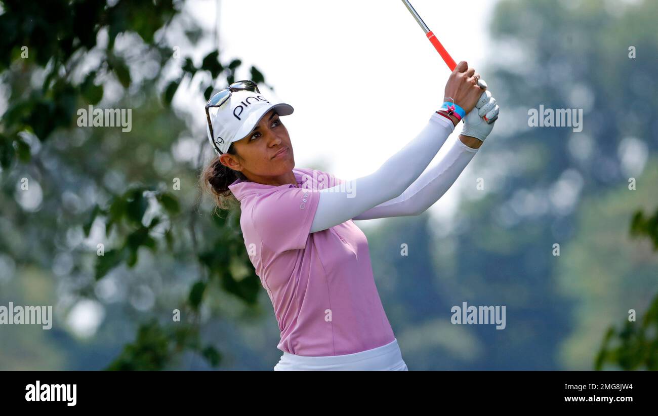 Paula Reto of South Africa follows through on her tee shot on the ...
