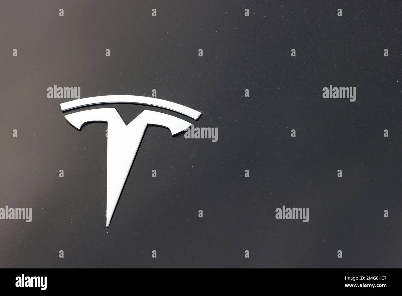 The company logo shones on the hood of an unsold 2020 Model Y sports ...