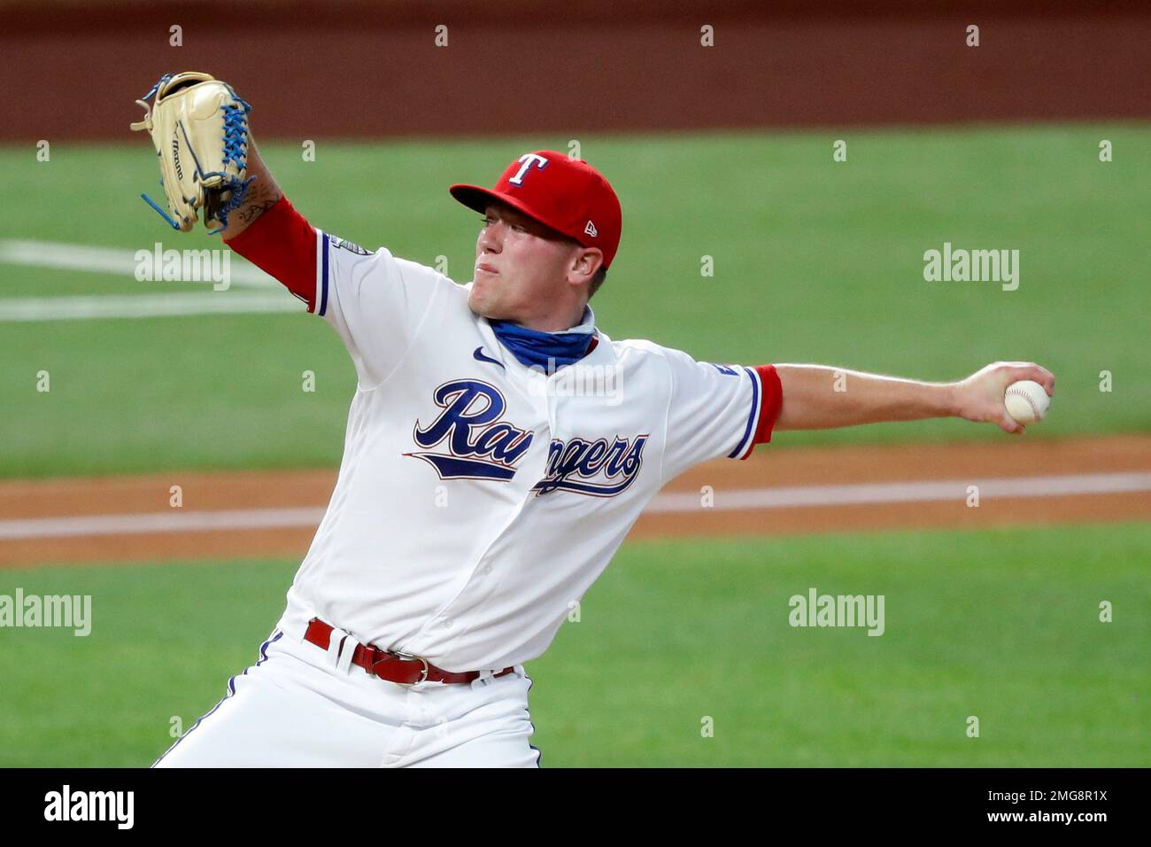 Texas Rangers starting pitcher Kolby Allard throws to the Los Angeles ...