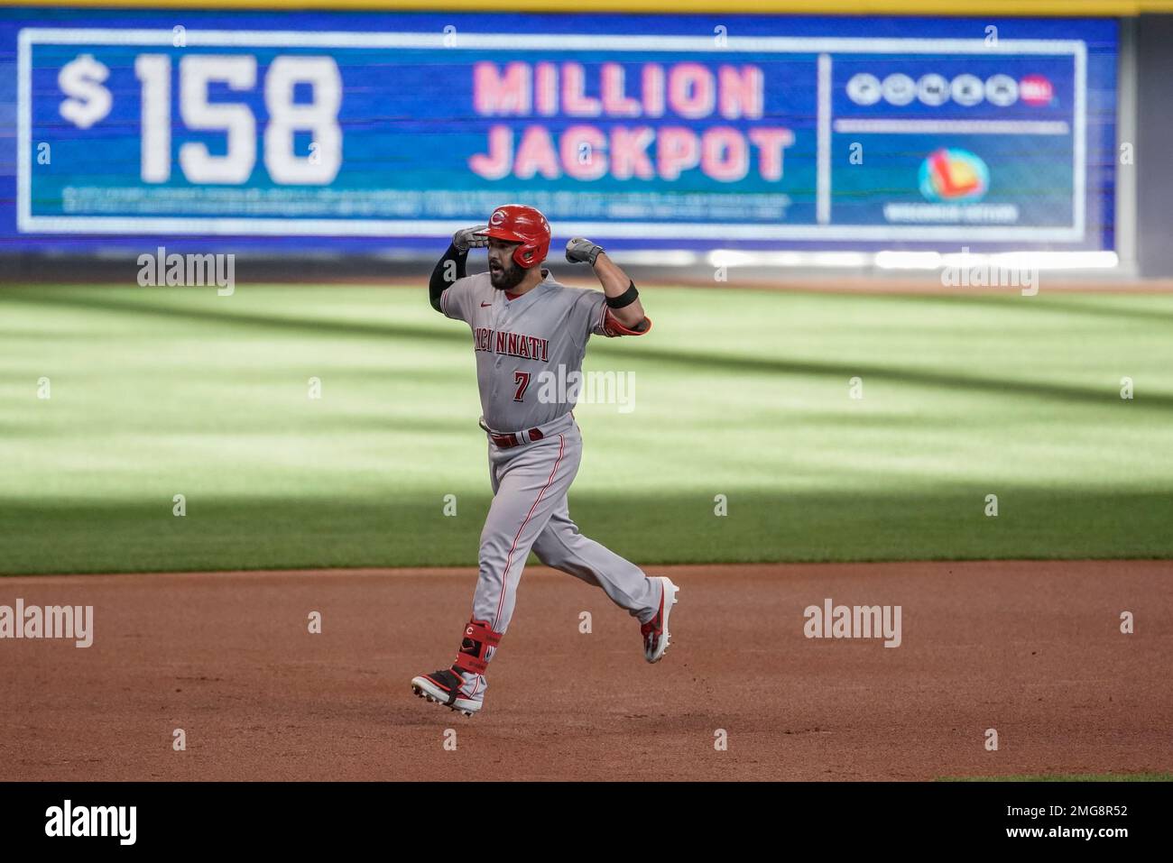 Cincinnati Reds' Eugenio Suarez celebrates after hitting a three run ...