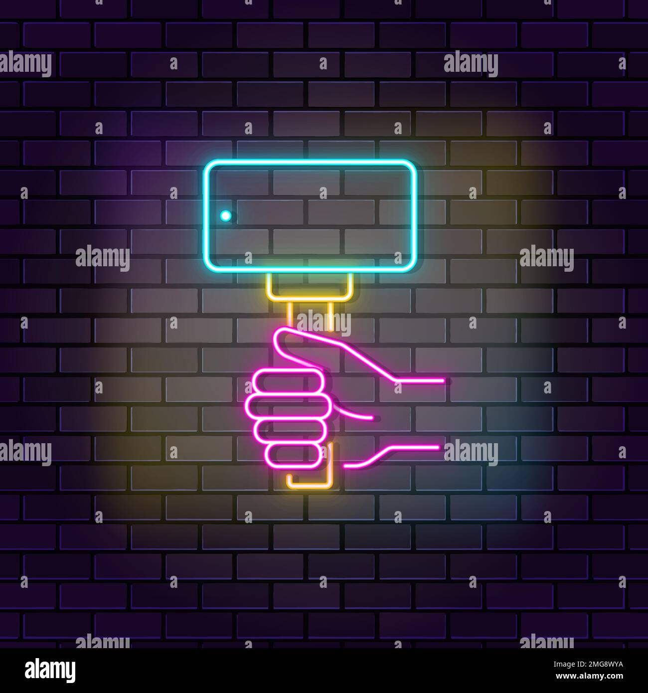 Influencer, selfie, smartphone neon vector icon on dark wall background ...