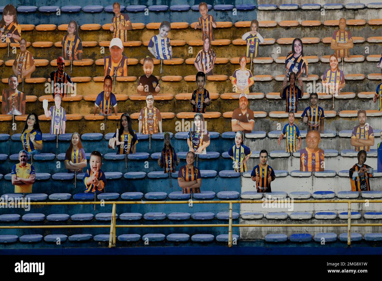 Cardboard cutouts of soccer fans sit in the bleachers of the Feliciano ...