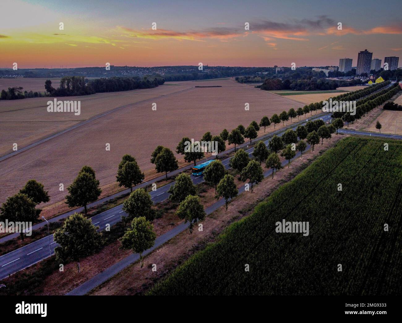 A bus is driven through an alley on the outskirts of Frankfurt, Germany ...