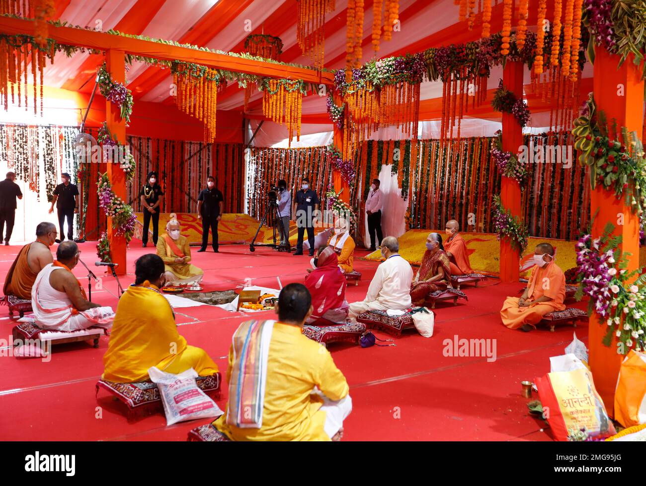 Indian Prime Minister Narendra Modi, third left, performs rituals ...